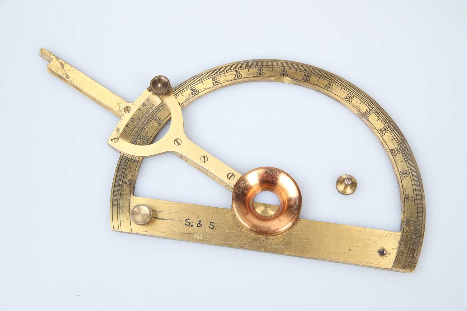 Lot 734 - A 6” Brass Vernier Protractor by S&S Ltd,