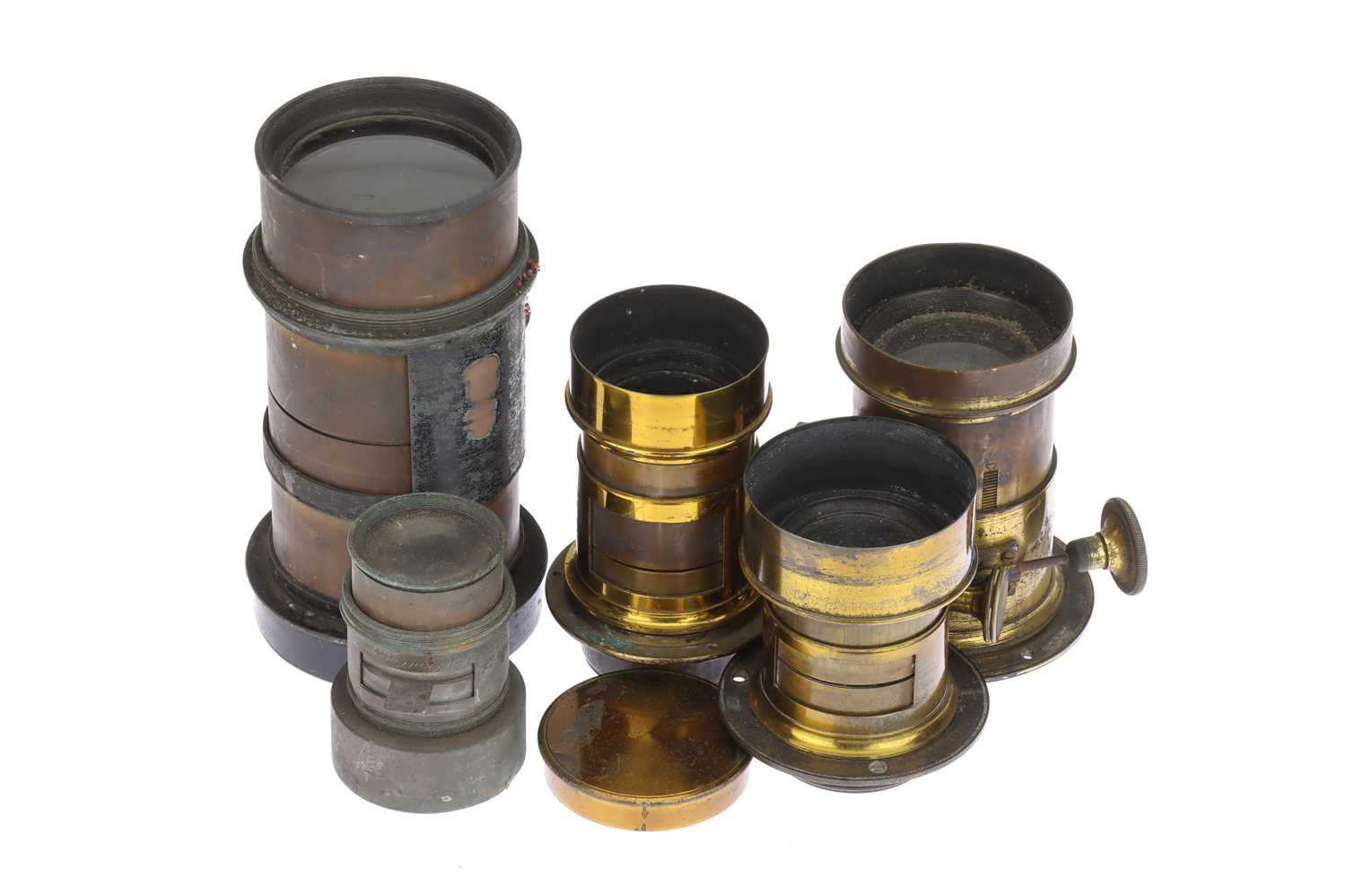 Lot 362 - A Collection of Five Brass Camera Lenses,
