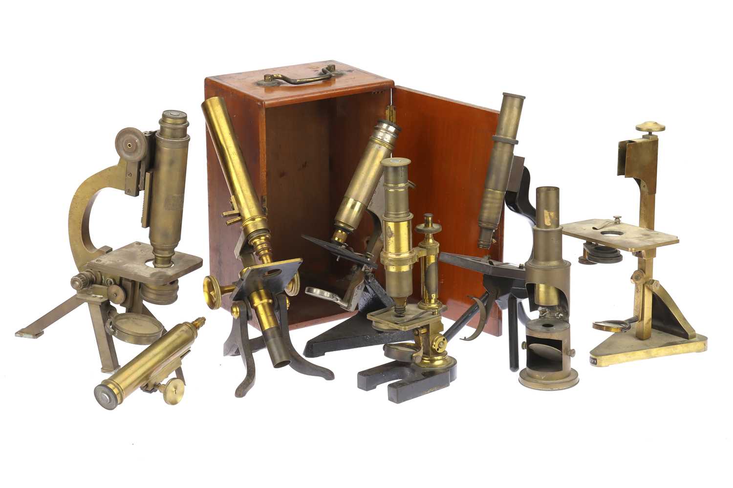 Lot 504 - A Collection of Various Brass Microscopes,