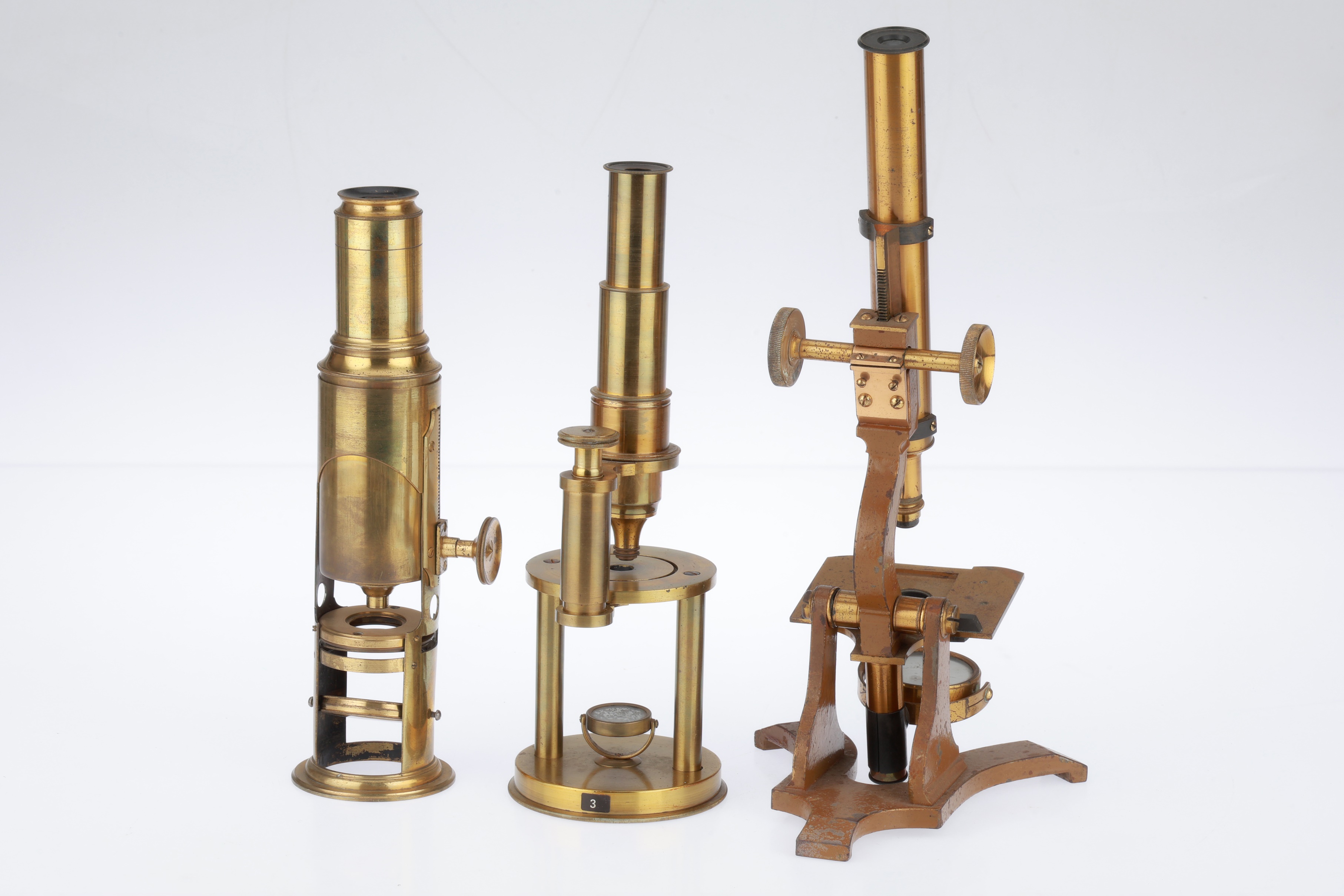 Lot 693 - Collection of 3 Victorian Brass Microscopes,