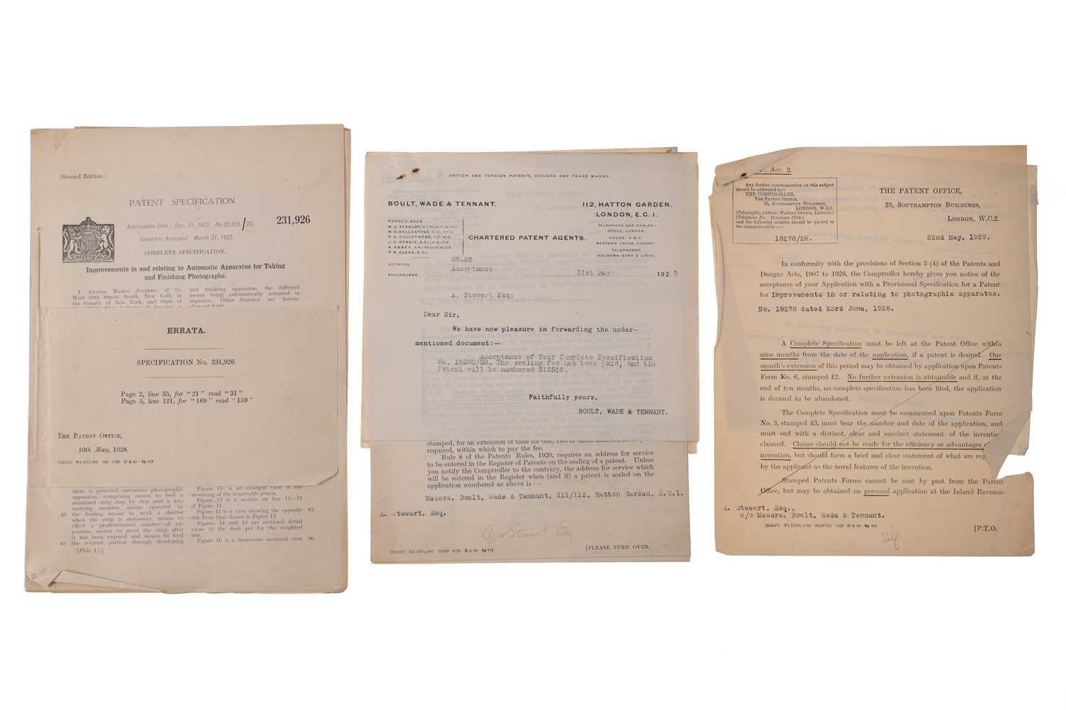 Lot 87 - Patent Documents for the World's First