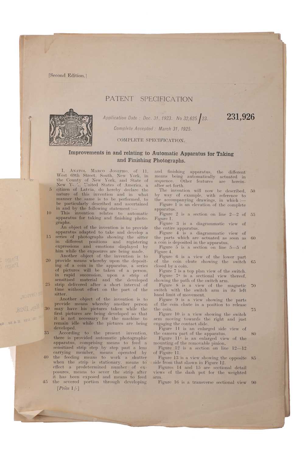 Lot 87 - Patent Documents for the World's First