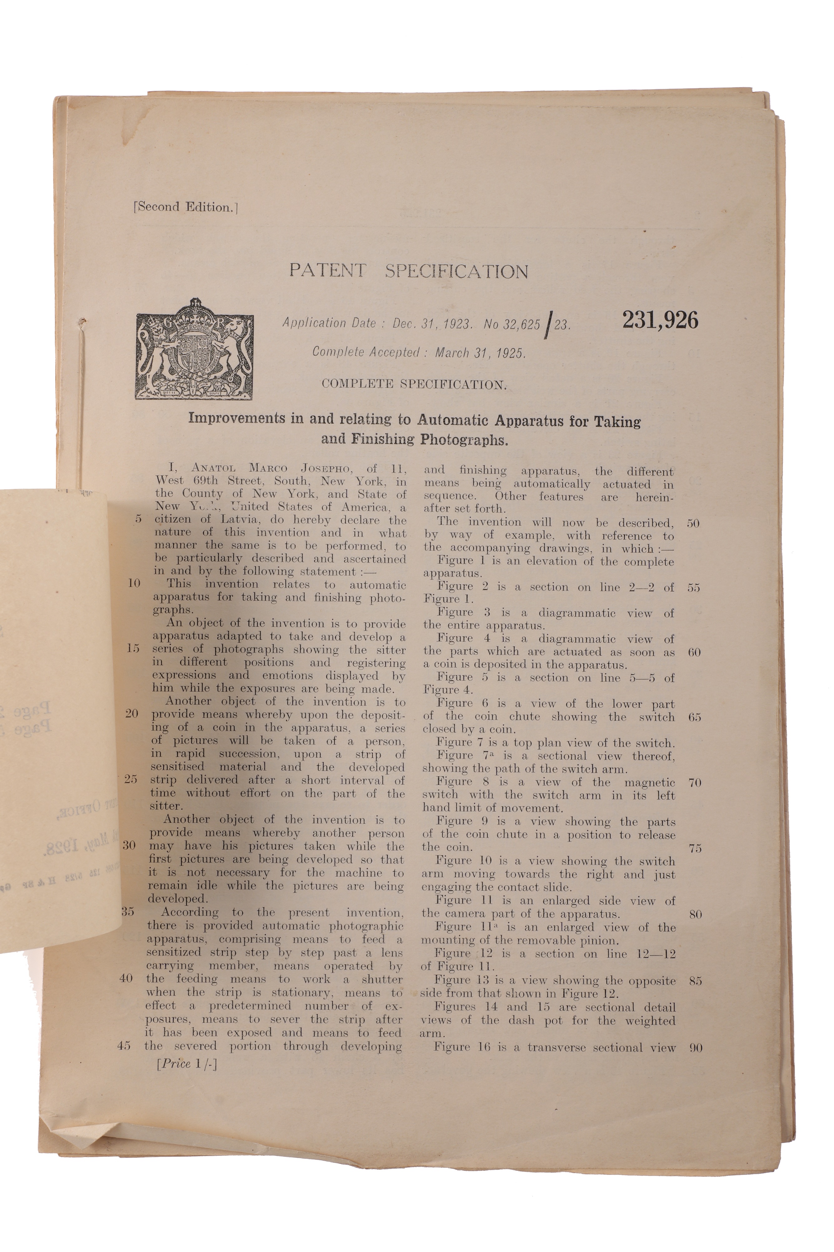 Lot 87 - Patent Documents for the World's First