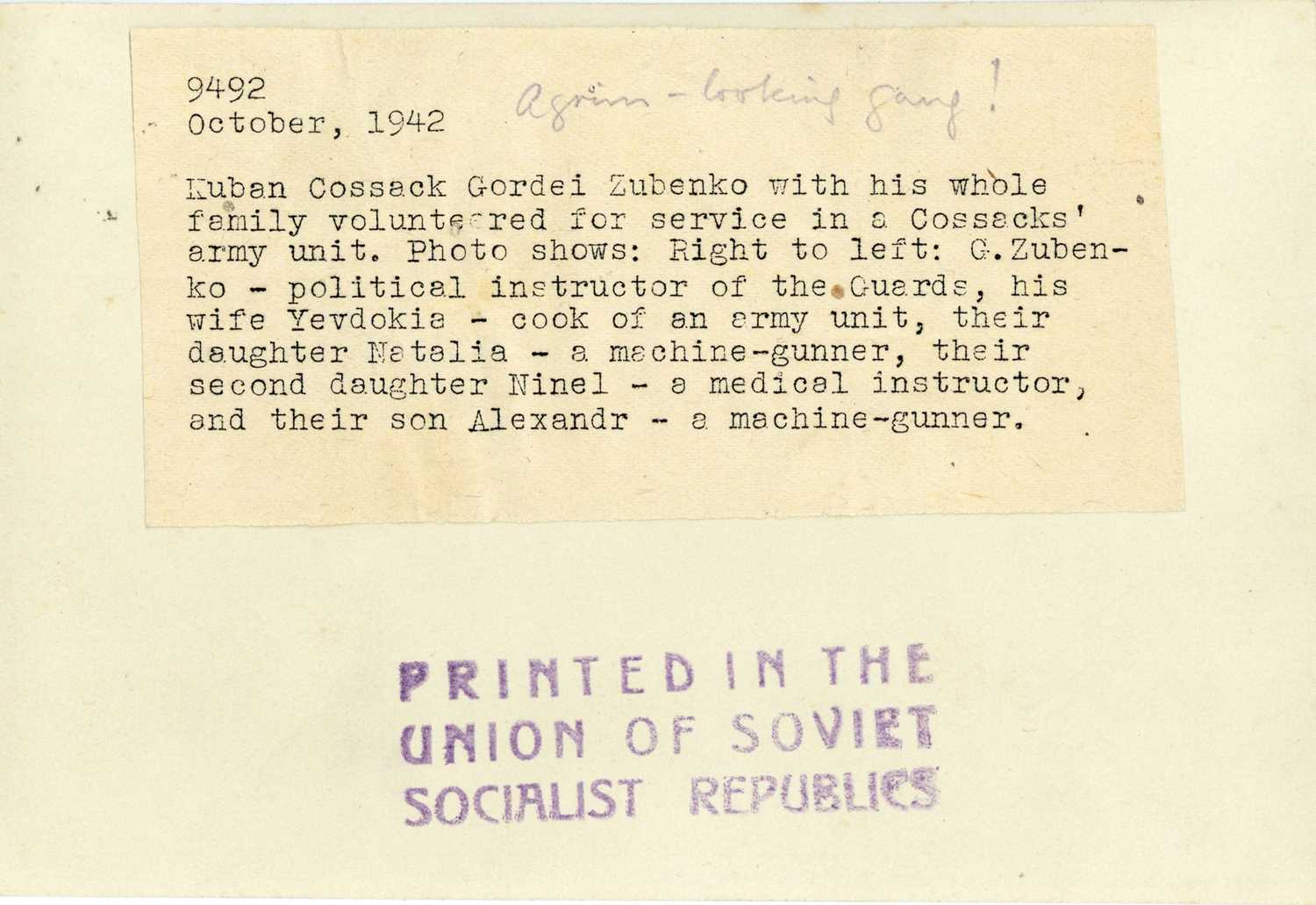 Lot 144 - WWII Red Army Press Photograph, Cossack